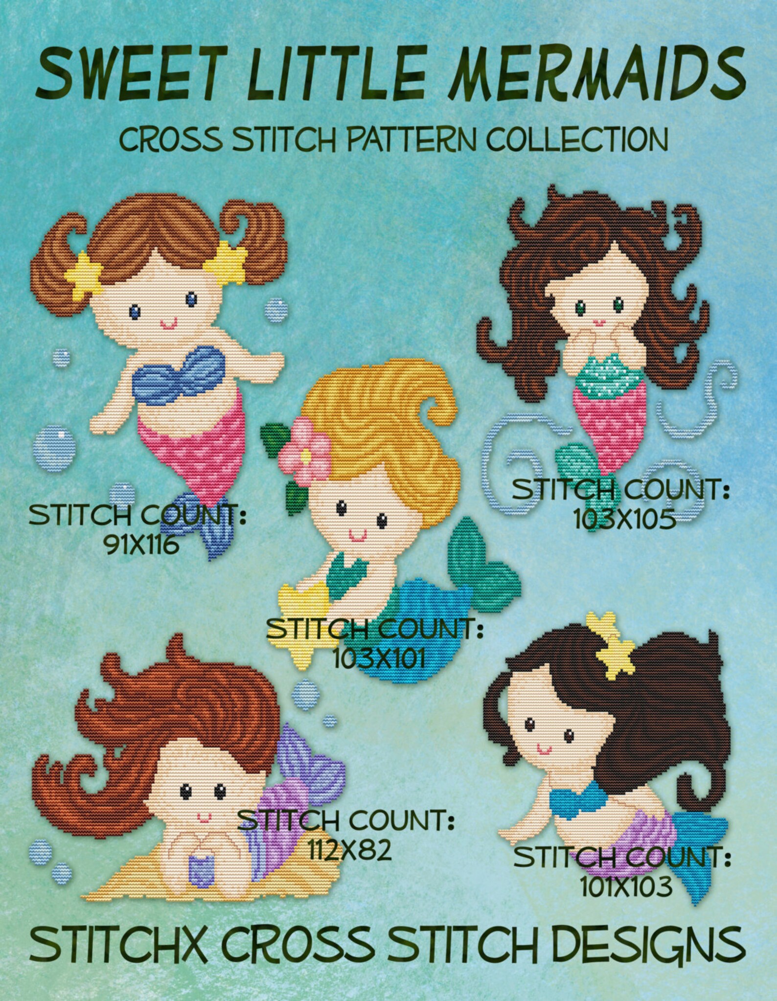 Sweet Little Mermaids Counted Cross Stitch Pattern Collection 5 Xstitch ...
