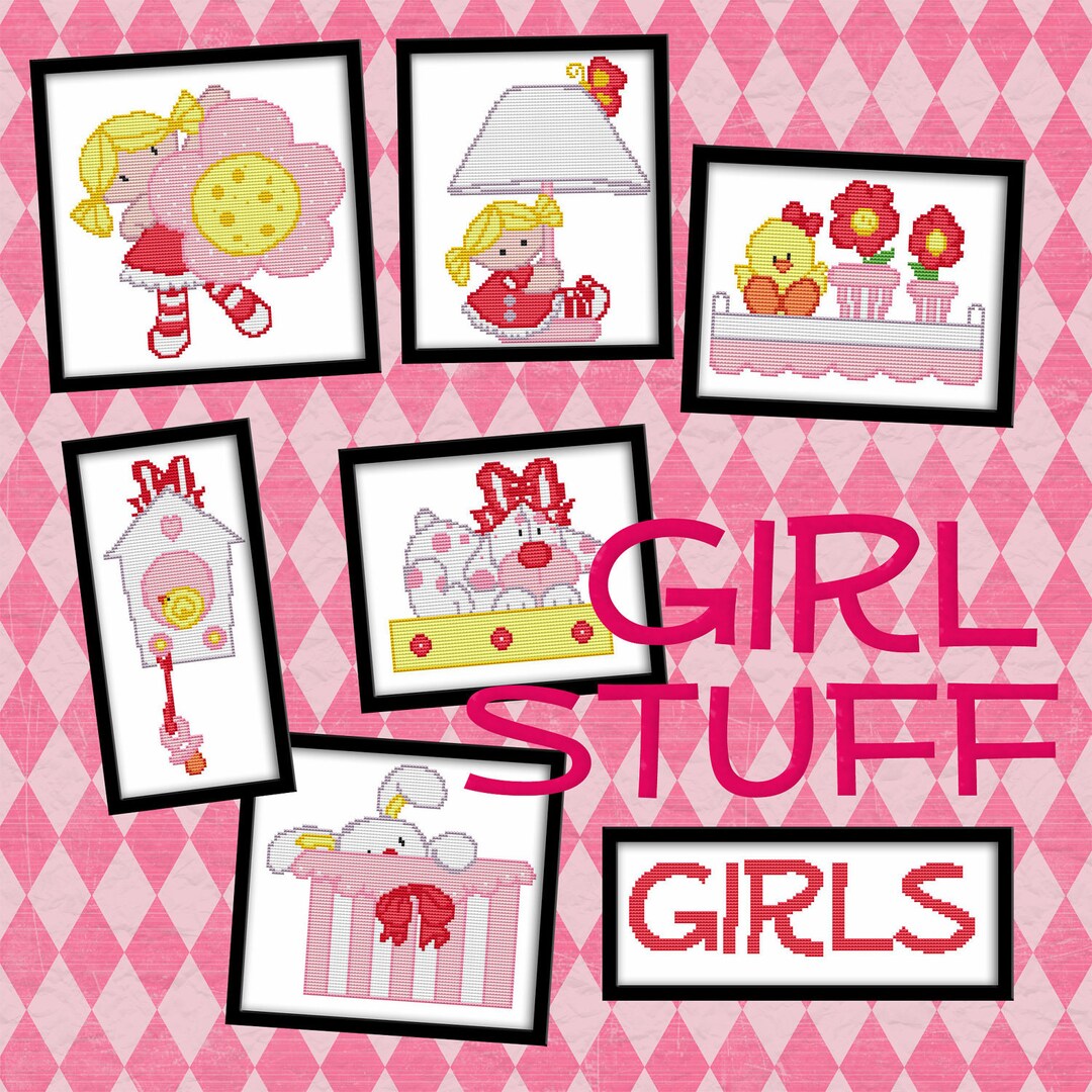 Counted Cross Stitch Pattern Girl Stuff - 7 Designs Cute Instant ...