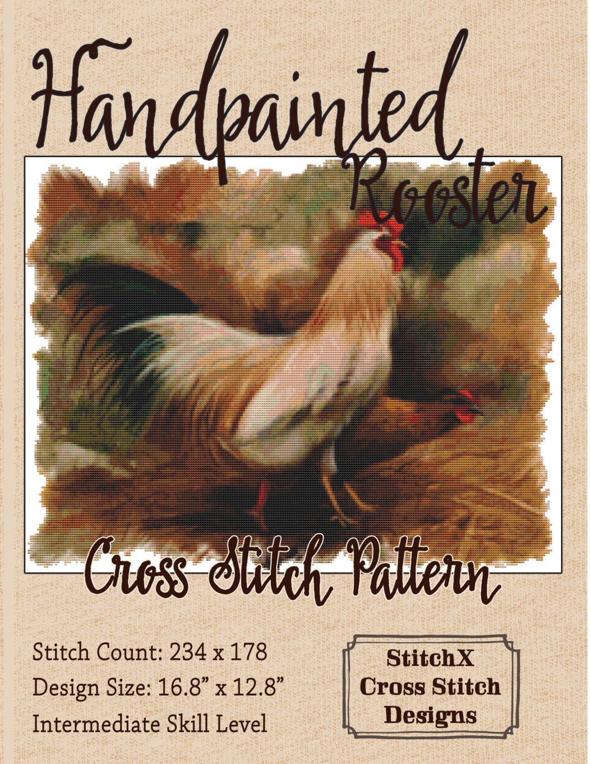 Handpainted Rooster Cross Stitch Pattern Beautiful Design Pdf | Etsy