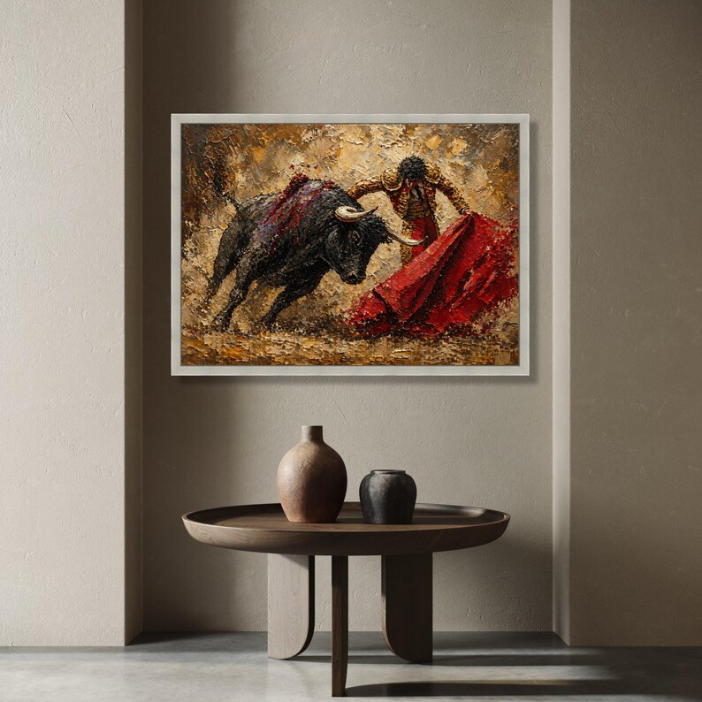 Bullfighter and Charging Bull Canvas, Spanish Matador Scene Wall Art ...