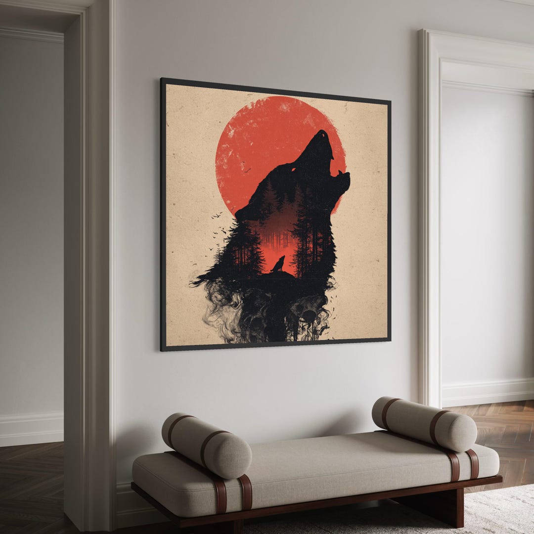 Howling Wolf Silhouette Canvas Wall Art, Red Sun Forest Scene, Nature ...
