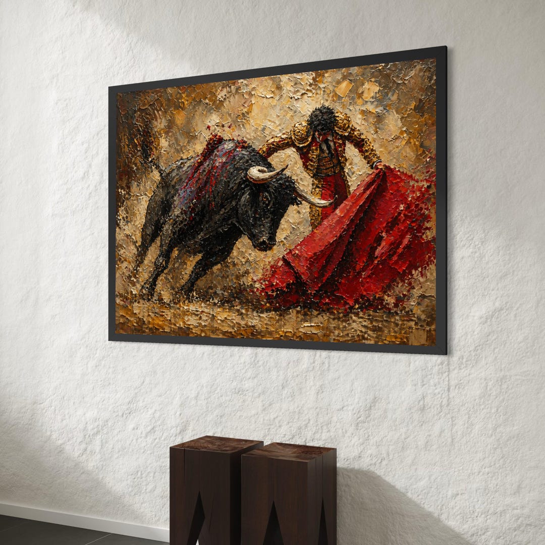 Bullfighter and Charging Bull Canvas, Spanish Matador Scene Wall Art ...