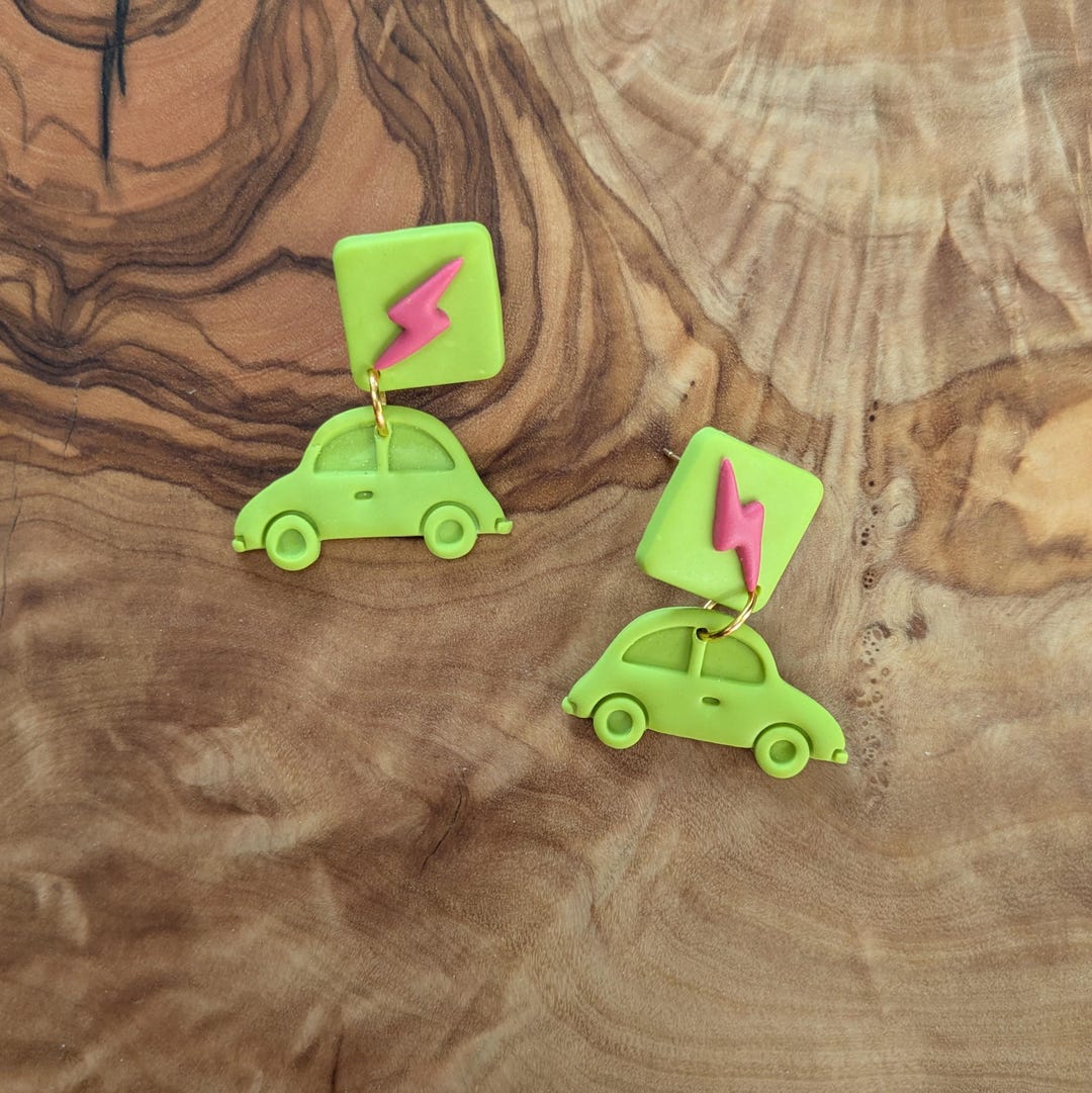 Electric Vehicle EV Chartreuse Green Polymer Clay Earrings ...