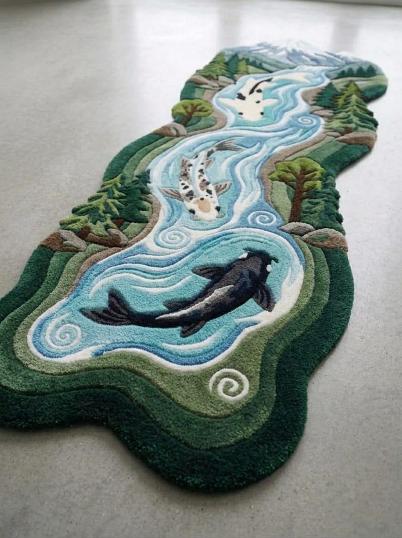 Koi Fish Pond Rug, 3D Carved Wool Nature Landscape Area Rug - Etsy ...