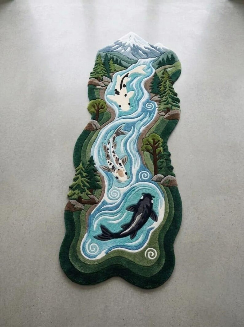 Koi Fish Pond Rug, 3D Carved Wool Nature Landscape Area Rug - Etsy ...