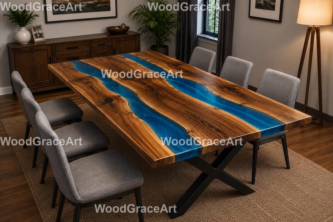 Live Edge Walnut Dining Table – Blue Epoxy River Wood Furniture - Etsy