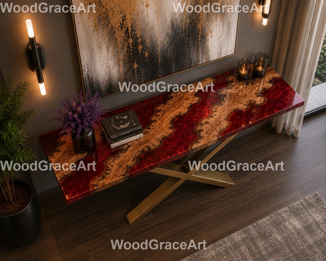 Red Epoxy River Console Table, Live Edge Wood, Modern Resin Furniture ...