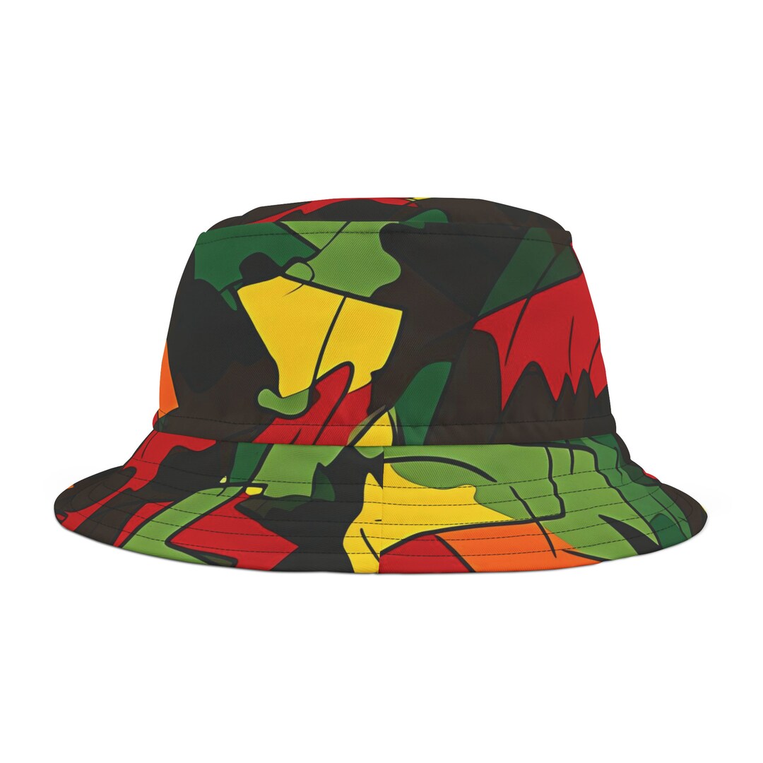 Bucket Hat All Over Print Jamaican Cartoon Style Camouflage Red Yellow ...