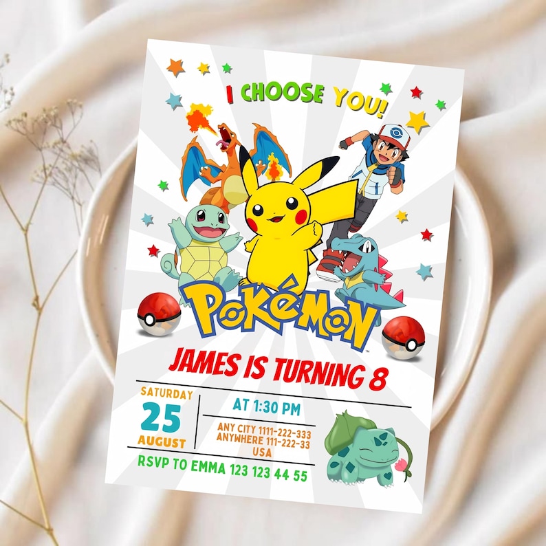 Pokémon Birthday Card, Red Yellow Cartoon Style, Editable Canva ...