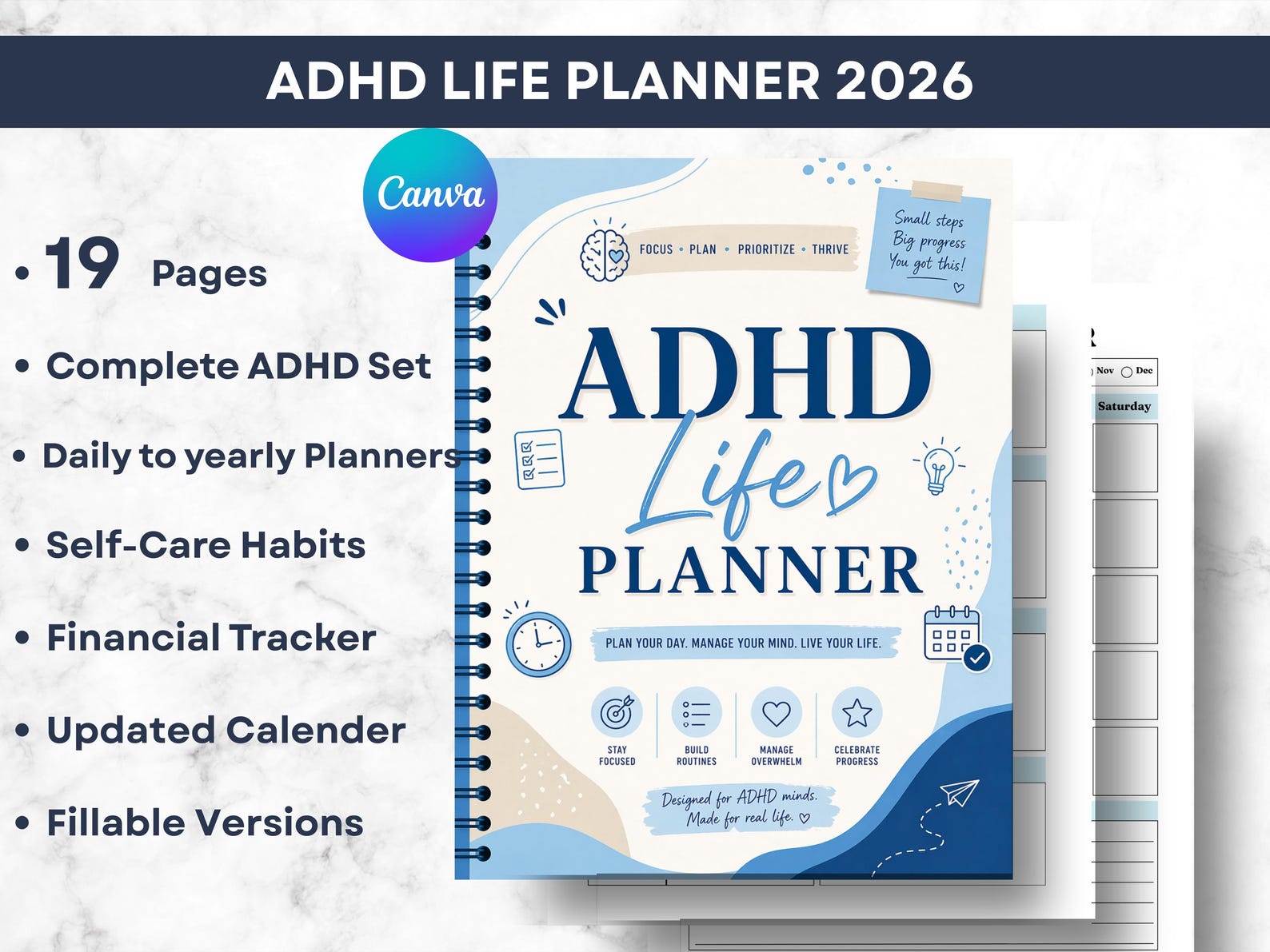ADHD Planner 2026 Canva Template, Custom Notepad, Weekly Meal Plan ...