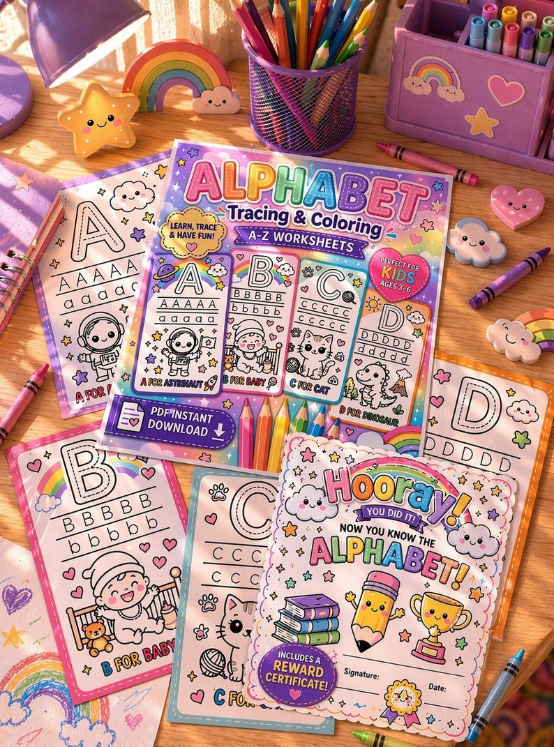 Alphabet Tracing Worksheets A–Z | Printable Coloring Pages | Preschool ...