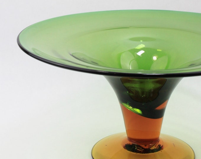 Blenko Handmade Art Glass Centerpiece Console Pedestal Bowl Green and ...