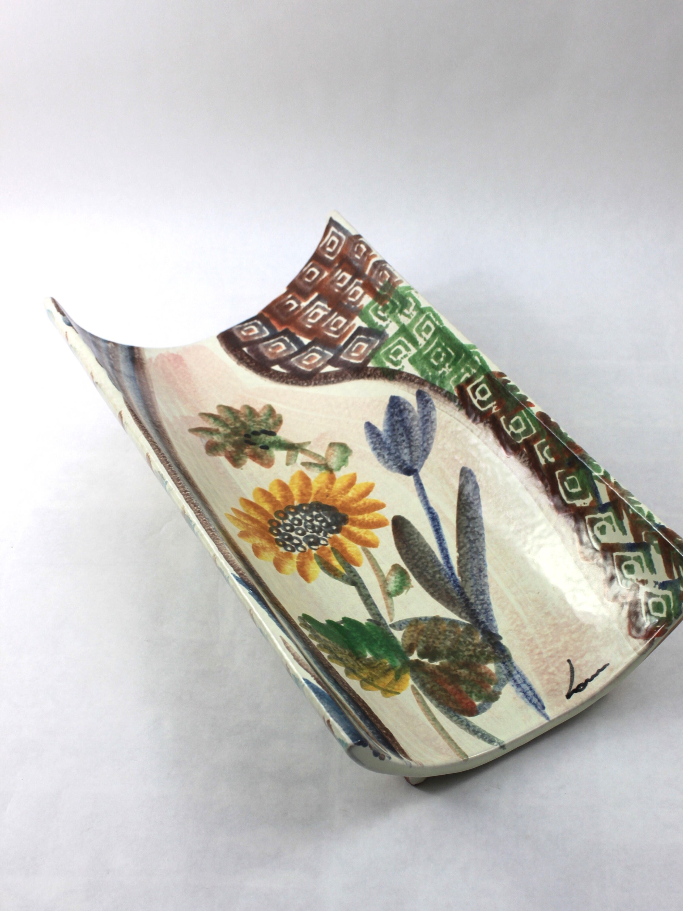 Vintage Italica ARS Half Moon Boat Platter Bowl Hand Painted Floral ...