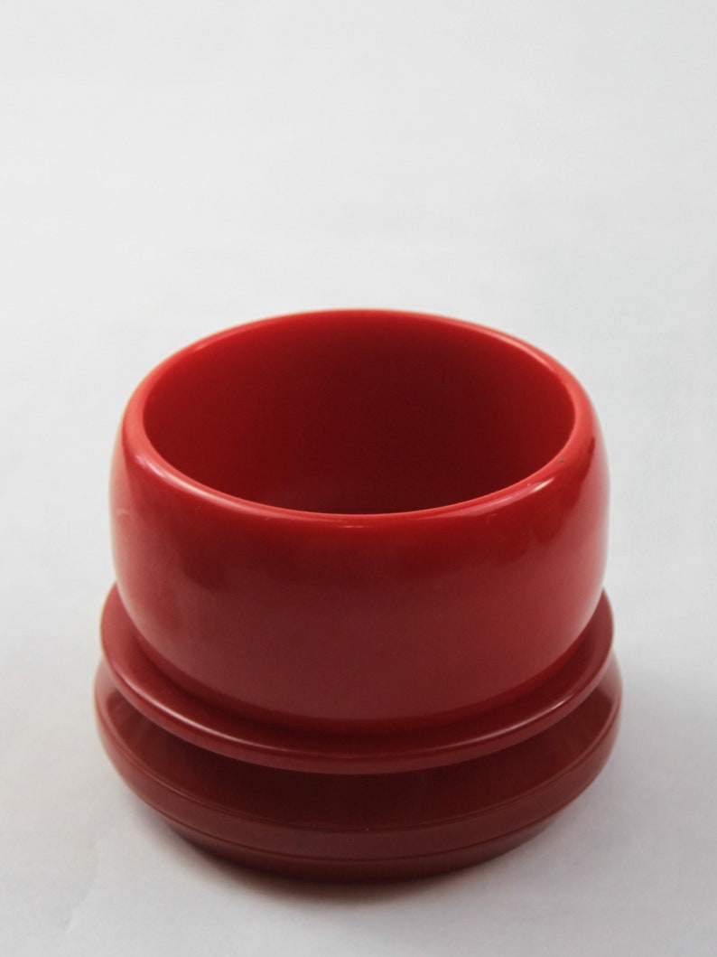 Bakelite Bangle Stack Set Cherry Red Wide Wall Slice and Carved Saucer ...
