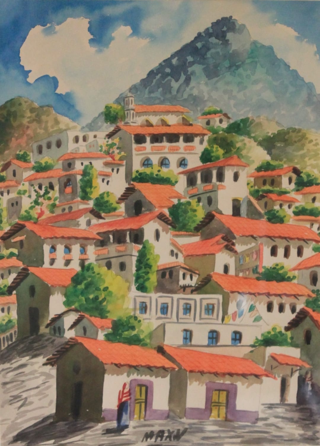 Max Vidal Original Fine Art Watercolor Mid Century Village and Mountain ...
