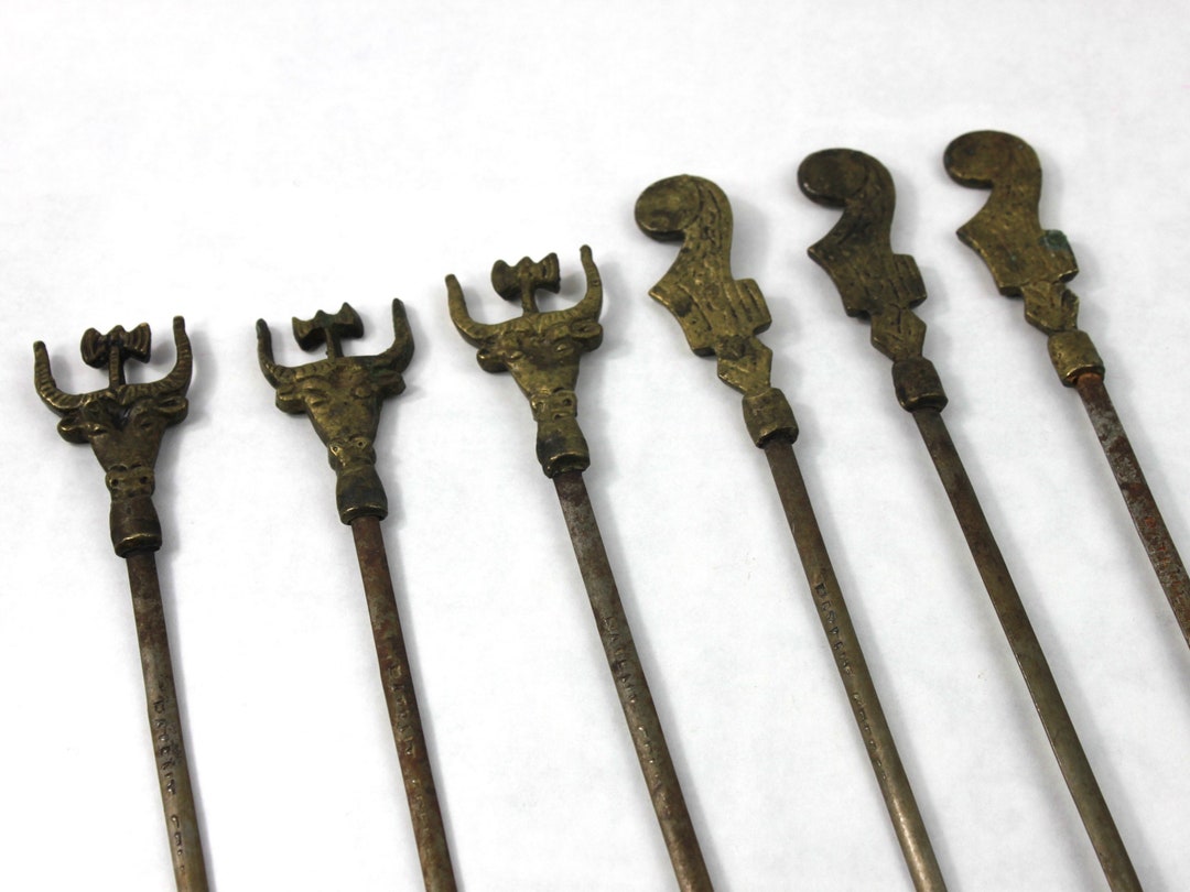 Vintage Brass and Steel Figural Brochette Meat Sword Kabob Skewer Set ...