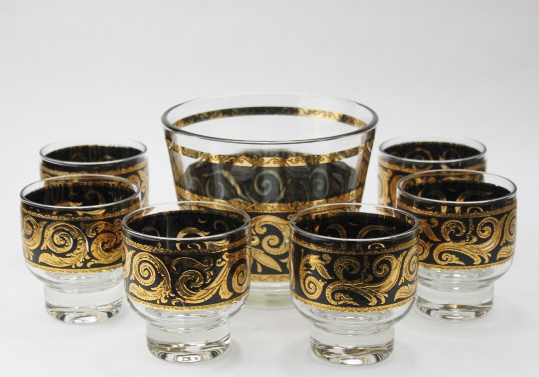 Culver Ebony Baroque Whiskey Set Black Gold 7 Piece MCM - Etsy