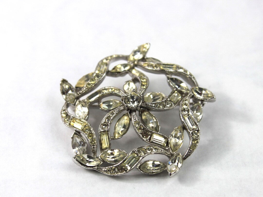 Henry Bogoff Rhinestone Openwork Flower Brooch Pin Rhodium Plate - Etsy