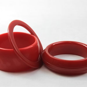 Bakelite Bangle Stack Set Cherry Red Wide Wall Slice and Carved Saucer ...