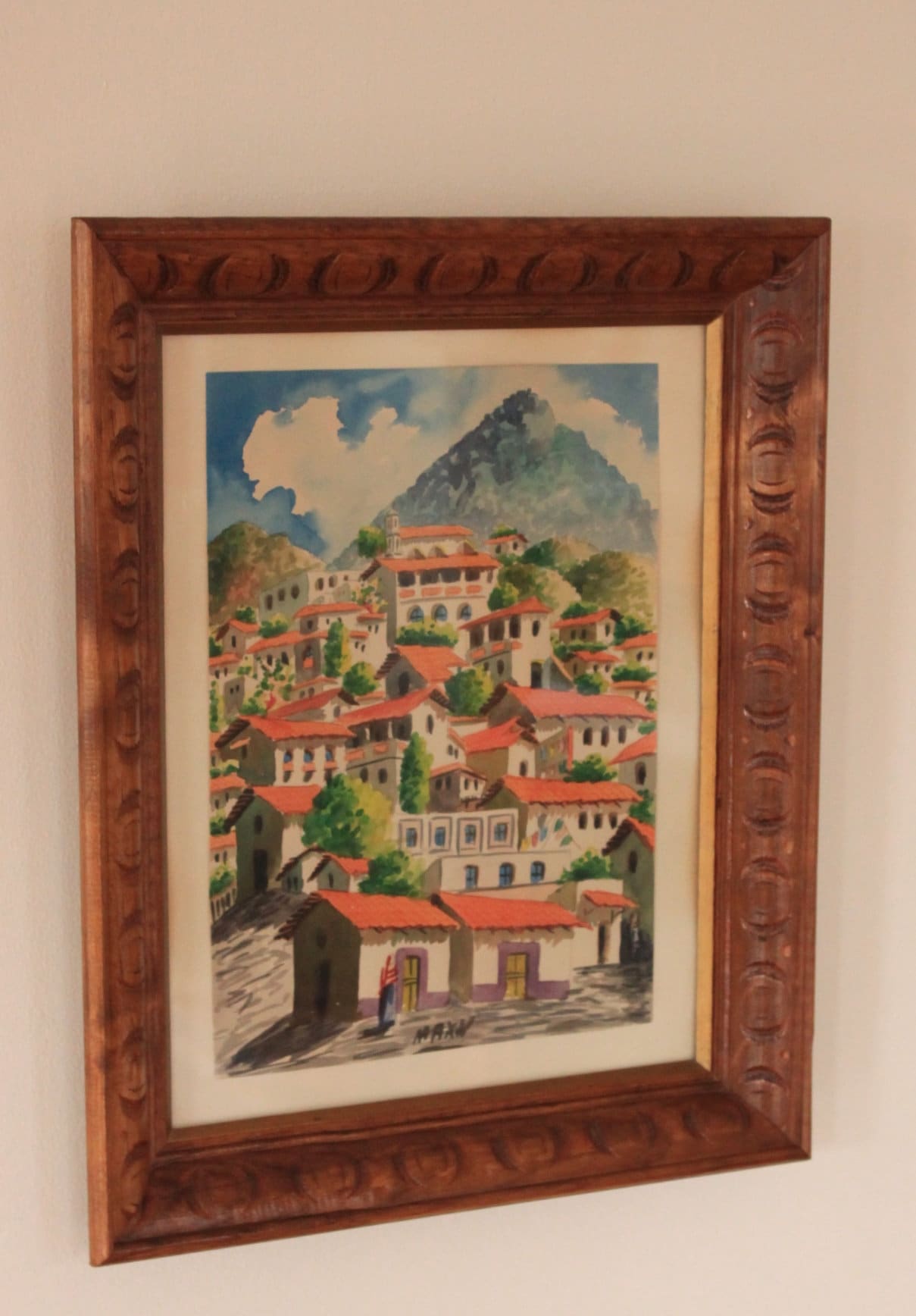 Max Vidal Original Fine Art Watercolor Mid Century Village and Mountain ...