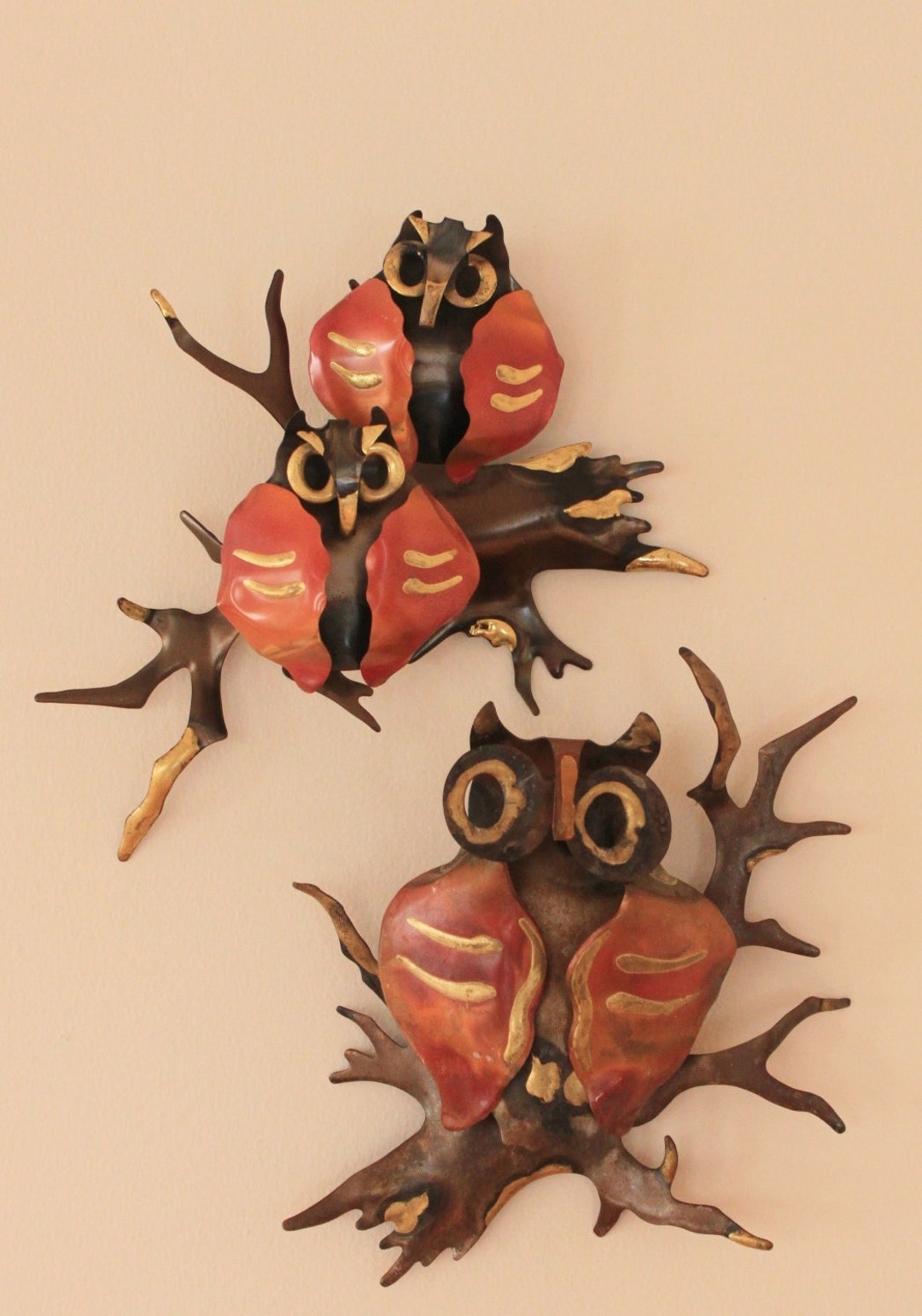 Vintage Brutalist MCM Torch Cut Metal Owl Wall Sculpture Set - Etsy