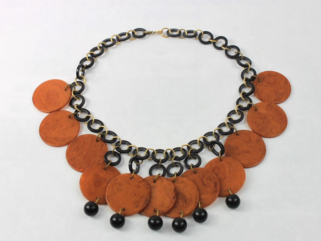 Vintage Bakelite Disc and Dangle Bib Necklace Celluloid Chain Orange ...