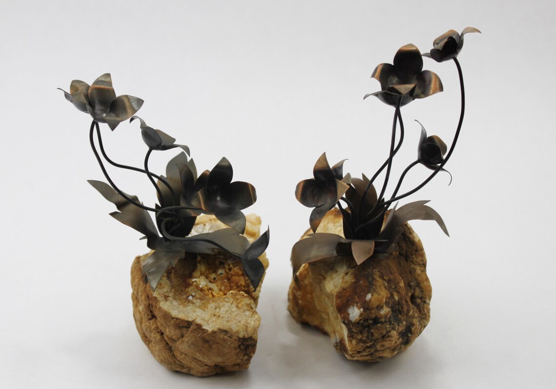 Modernist Copper Flower Sculpture on Geode Base Set Vintage - Etsy
