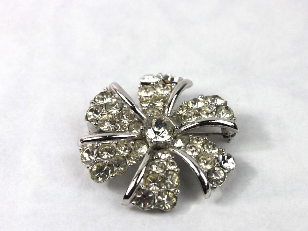 Henry Bogoff Rhinestone Flower Brooch Pin Rhodium Plate - Etsy