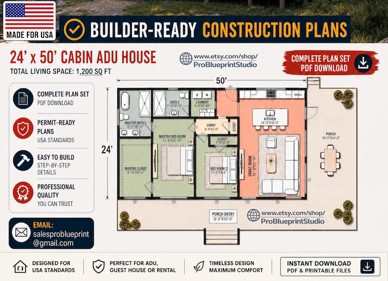 24'x50' Lean Cottage Cabin ADU Builder Ready Construction Blueprint ...