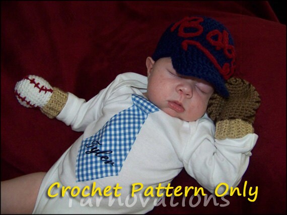 Baseball Crochet Newborn Outfit - Baseball Cap (hat), Mitts (mittens ...