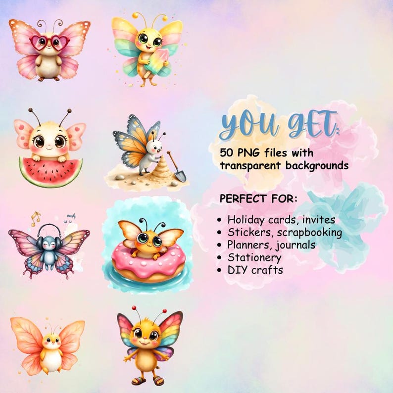 Summer Cartoon Butterfly Clipart, Watercolor PNG Set - Etsy