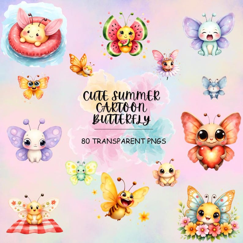 Summer Cartoon Butterfly Clipart, Watercolor PNG Set - Etsy