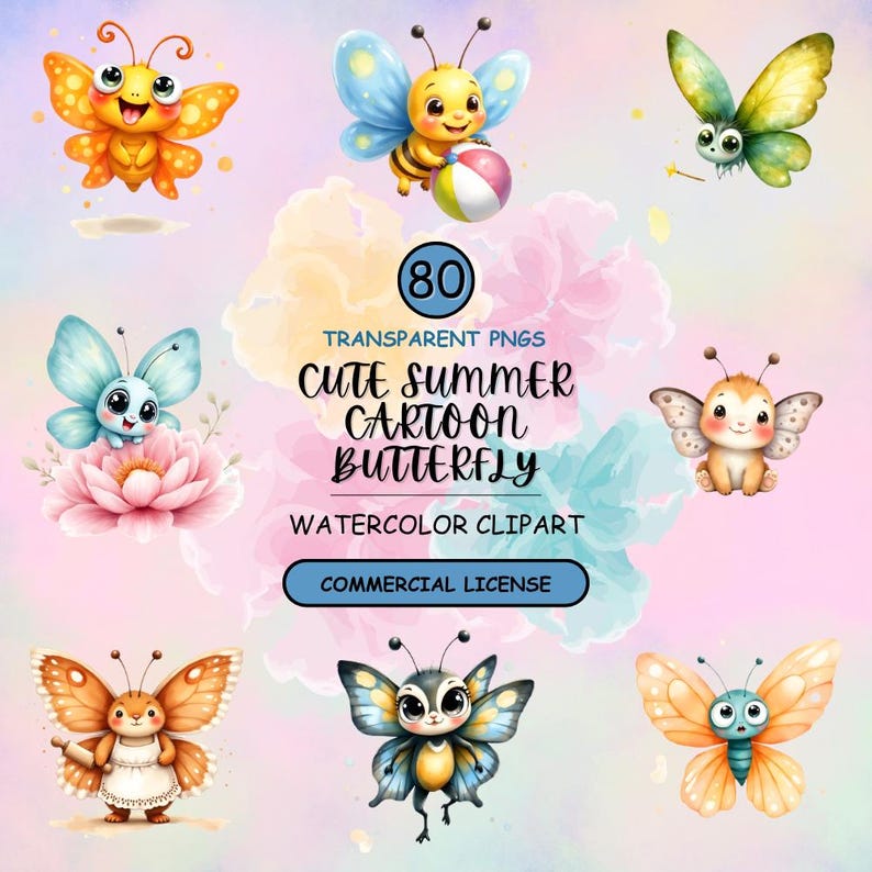 Summer Cartoon Butterfly Clipart, Watercolor PNG Set - Etsy