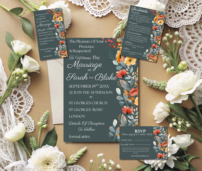 Wildflower Printable Wedding Invitation Bundle | Customisable Template ...