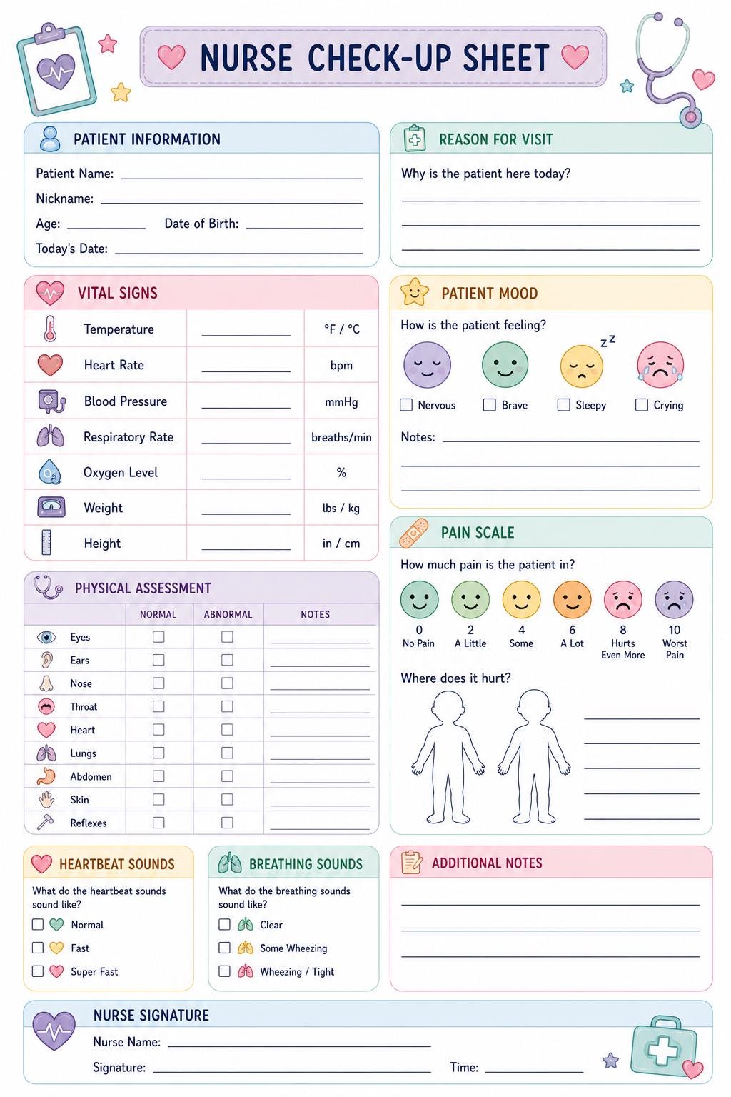 Pretend Nurse Check-up Sheet Printable for Kids | Medical Role Play PDF ...