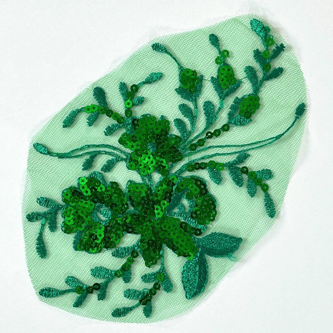 Kelly Green Sequin Applique, Flower & Vine Embroidered Motif, for Your ...