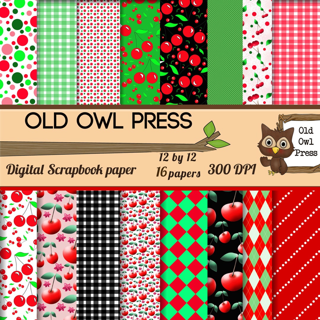 Cherry Scrapbook Paper, Cherries Paper, Red and Green Paper, 16 Sheets ...