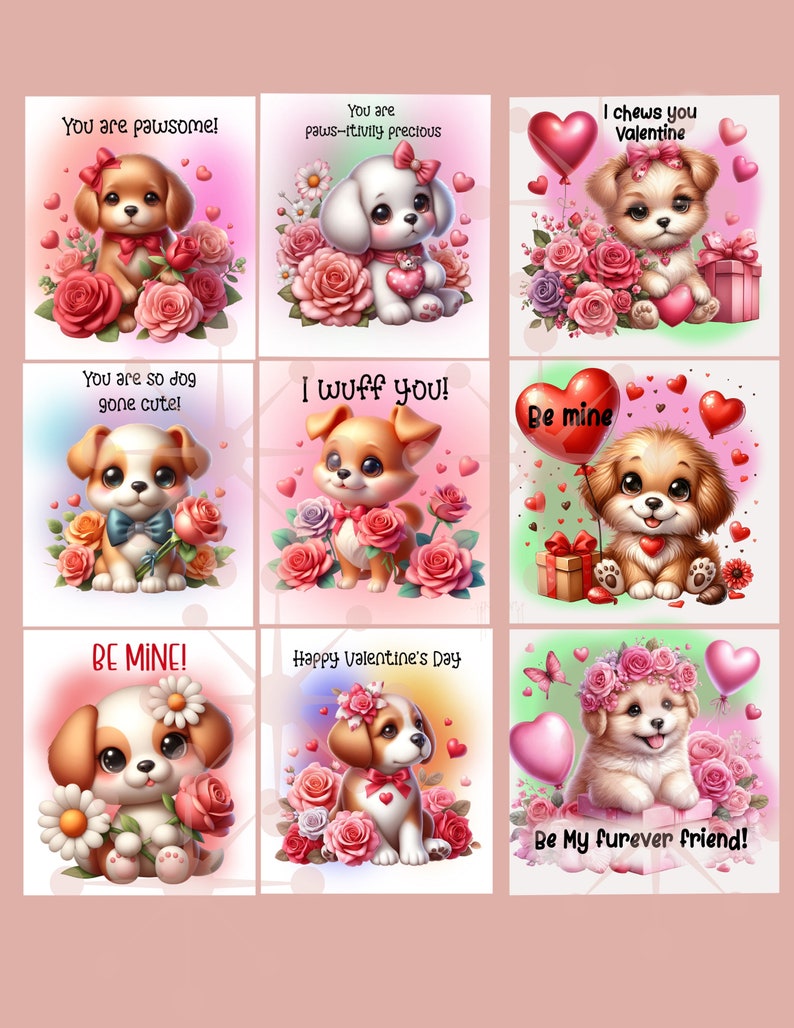 9 Puppy Printable Valentine Cards, Hearts Valentine Cards, Instant ...