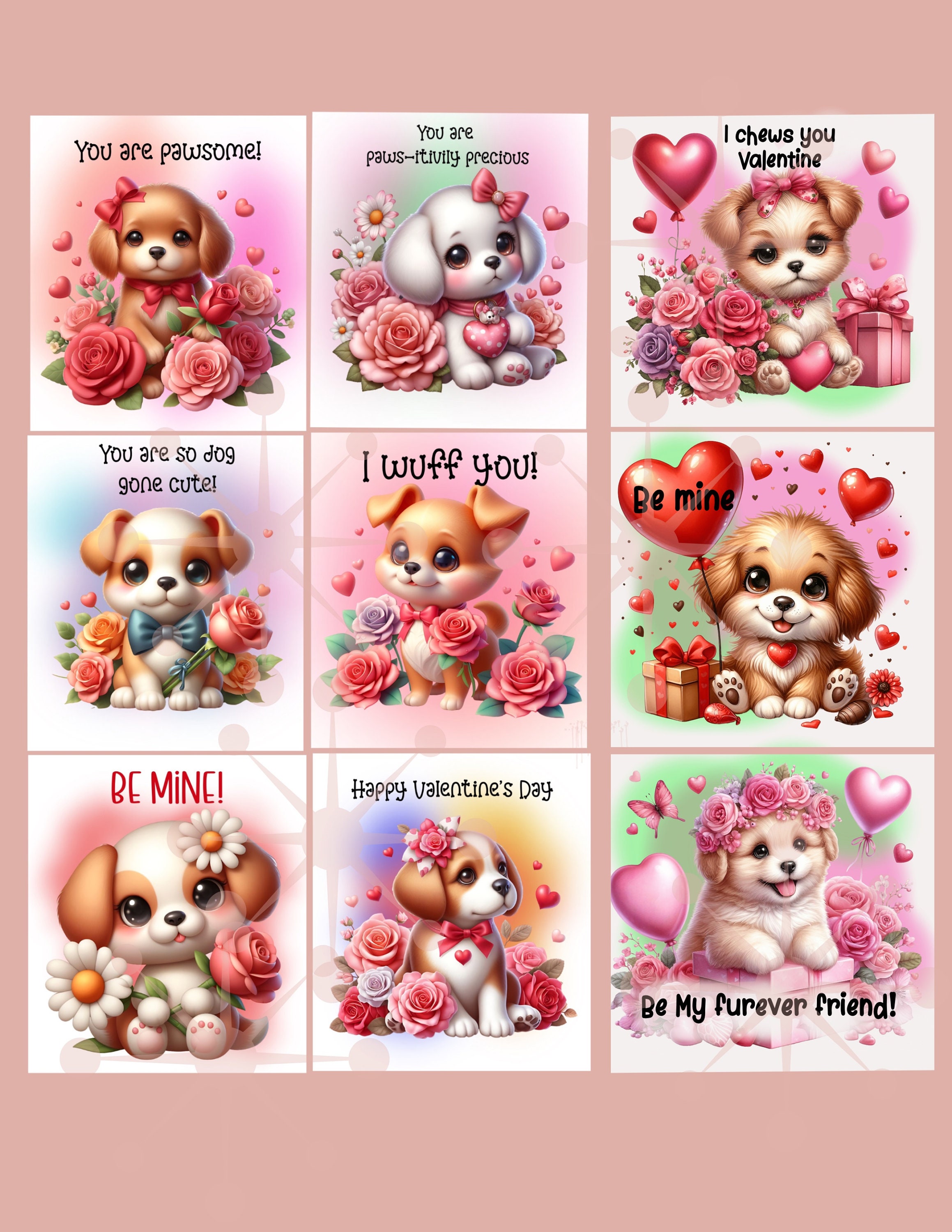 9 Puppy Printable Valentine Cards, Hearts Valentine Cards, Instant ...