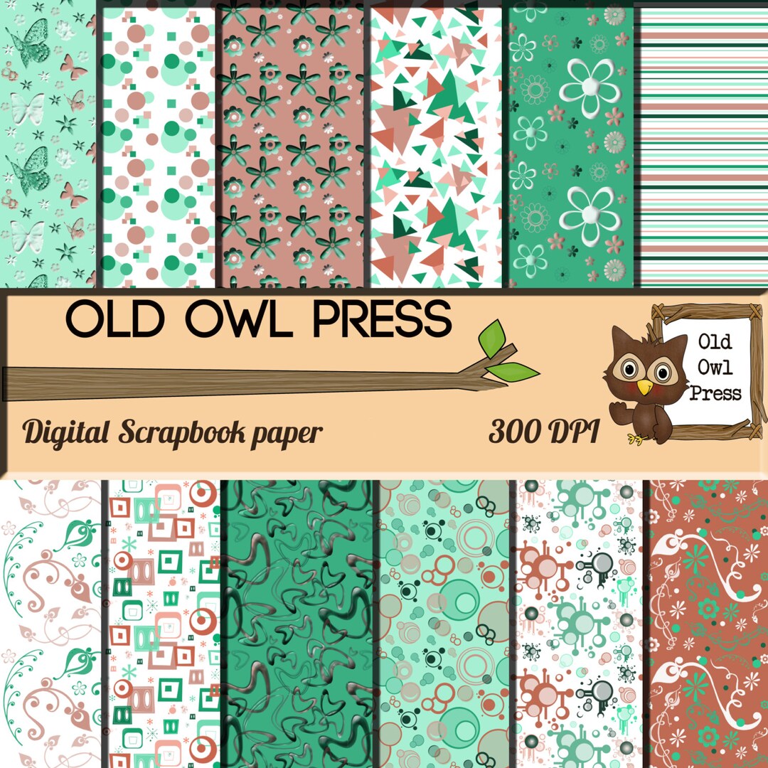 Digital Paper, Scrapbook Paper, 12 by 12 Mint, Green, Retro Style ...