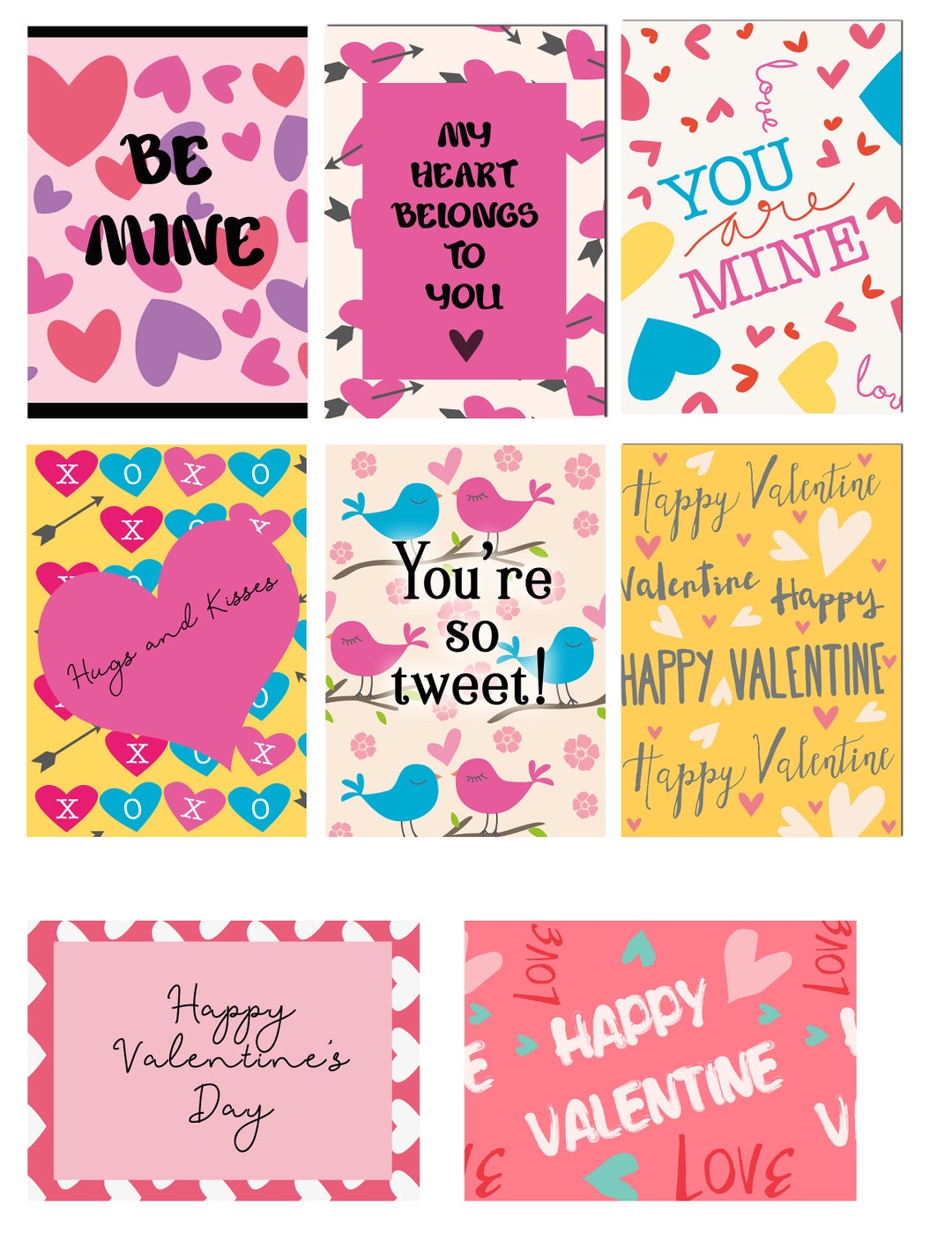 8 Printable Valentine Cards, Hearts Valentine Cards, Instant Download ...
