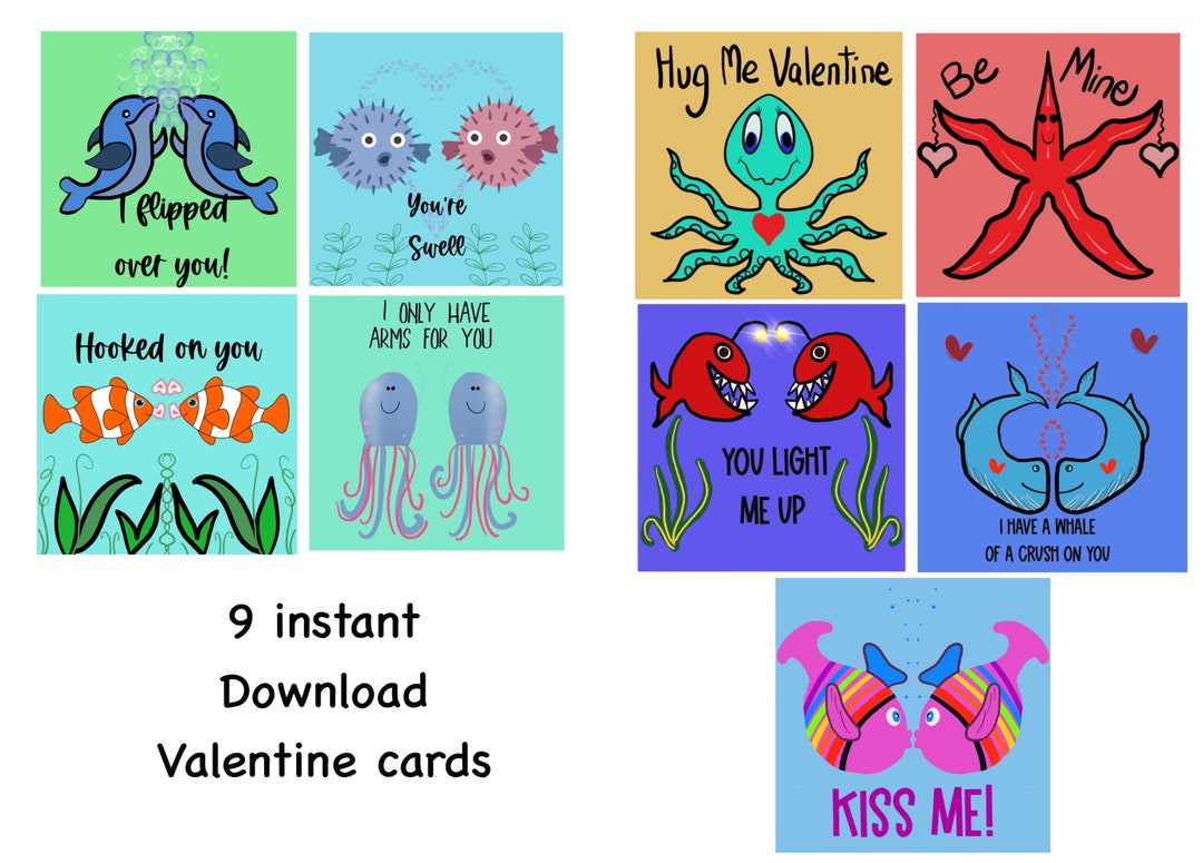 Fish Valentine's Cards, Instant Download, Printable Valentine Cards ...