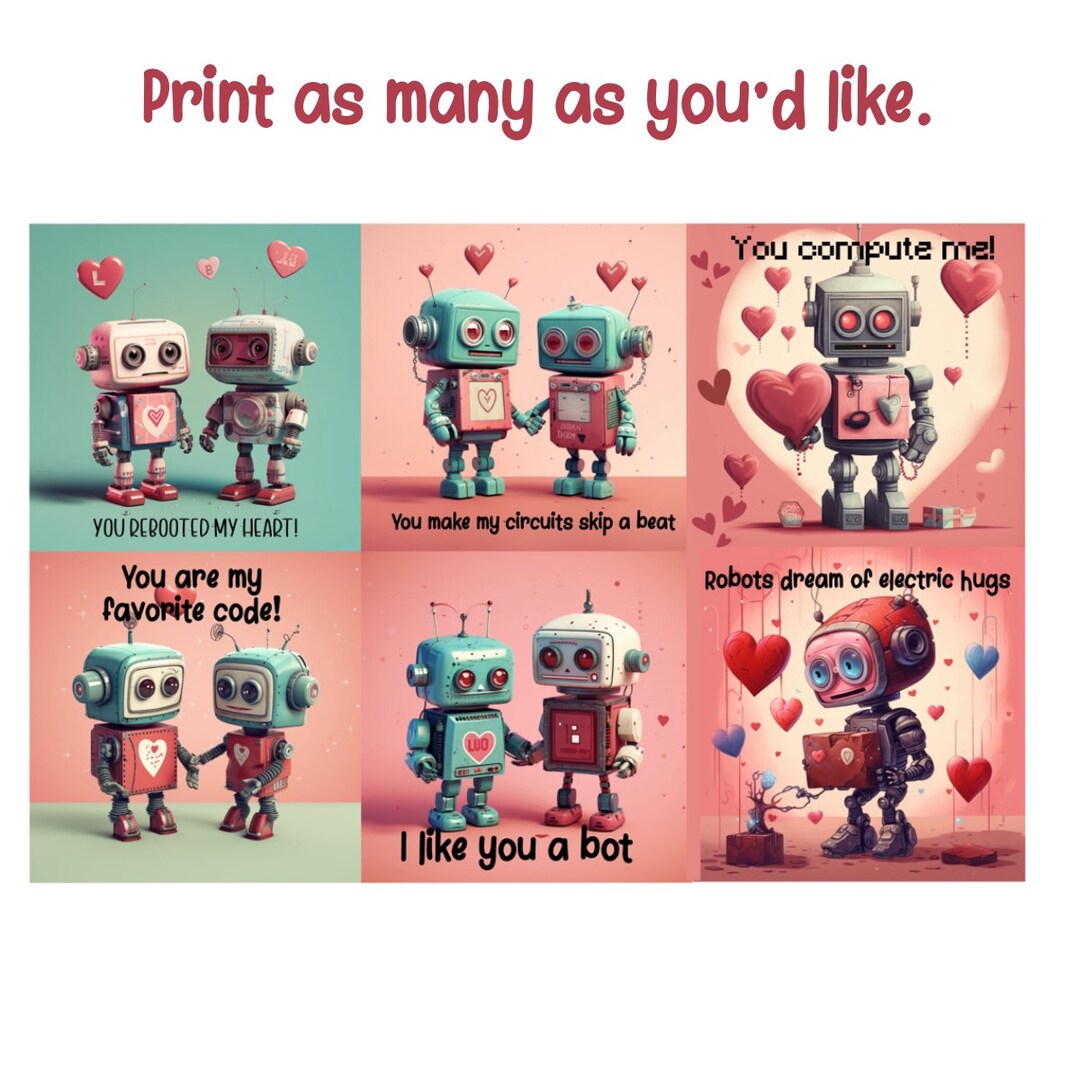 Robot Valentines, Printable Valentine Cards, Hearts Valentine Cards ...