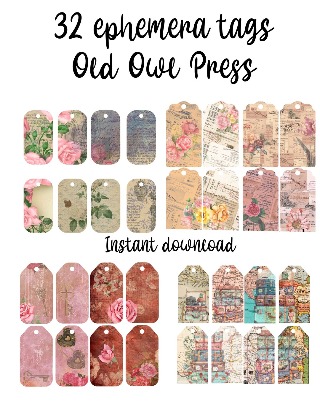 Vintage Ephemera Tags: Printable Junk Journal Supplies (digital ...