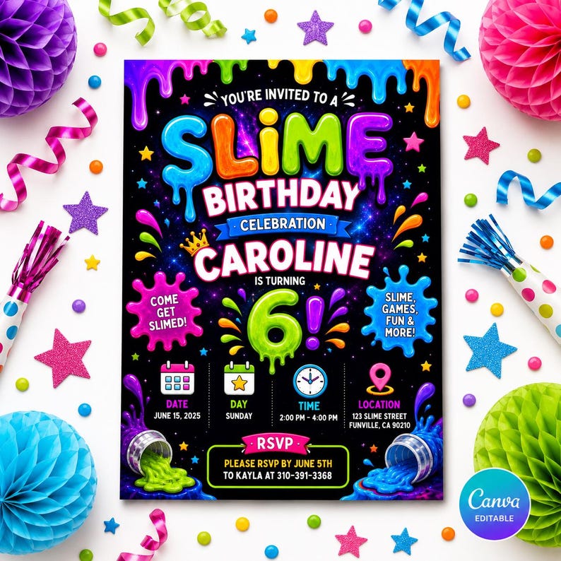 Slime Birthday Invitation Editable Canva Template | 6th Birthday Invite ...