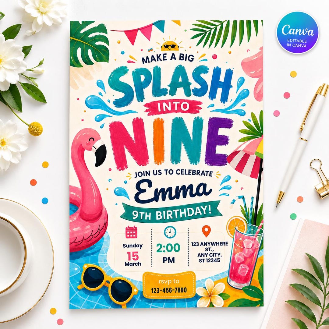Splash Into Nine, 9th Birthday Invitation Girl, Summer Pool Party ...