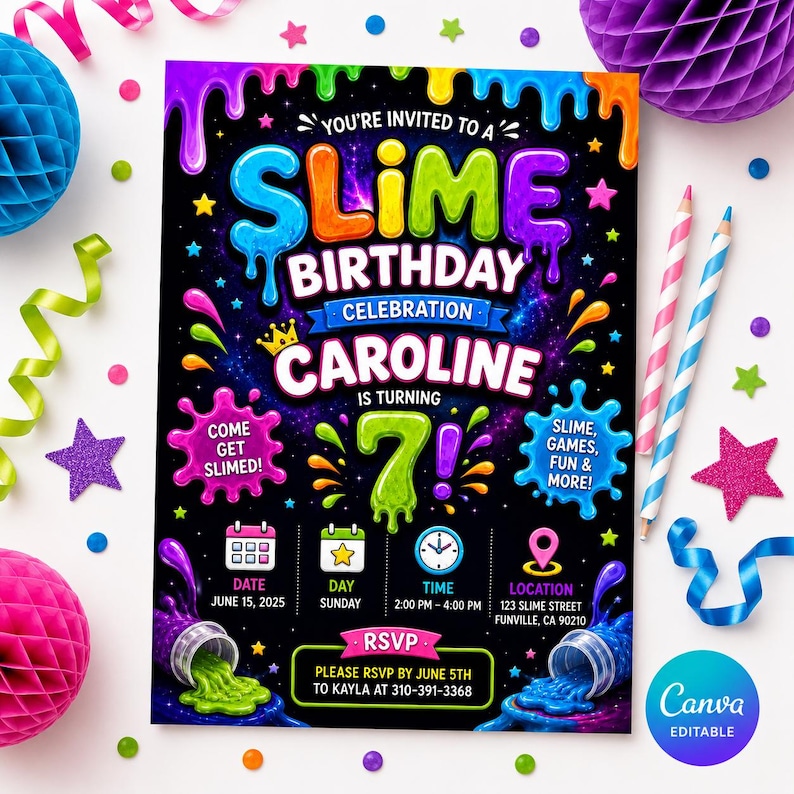 Slime Birthday Invitation Editable Canva Template | 7th Birthday Invite ...