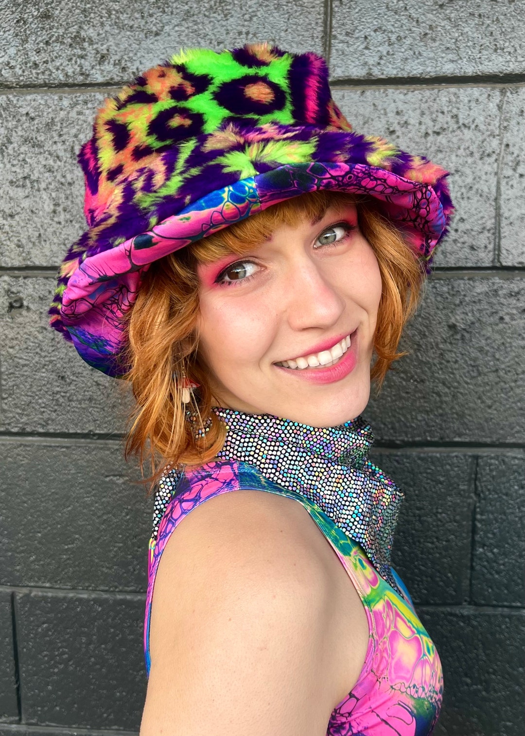 REVERSIBLE Neon Rainbow Leopard Furty BUCKET HAT With Stash Pocket ...