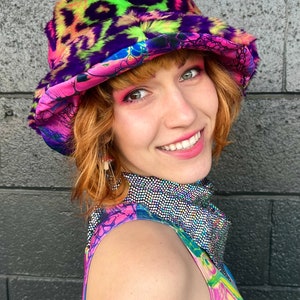 REVERSIBLE Neon Rainbow Leopard Furty BUCKET HAT With Stash Pocket ...