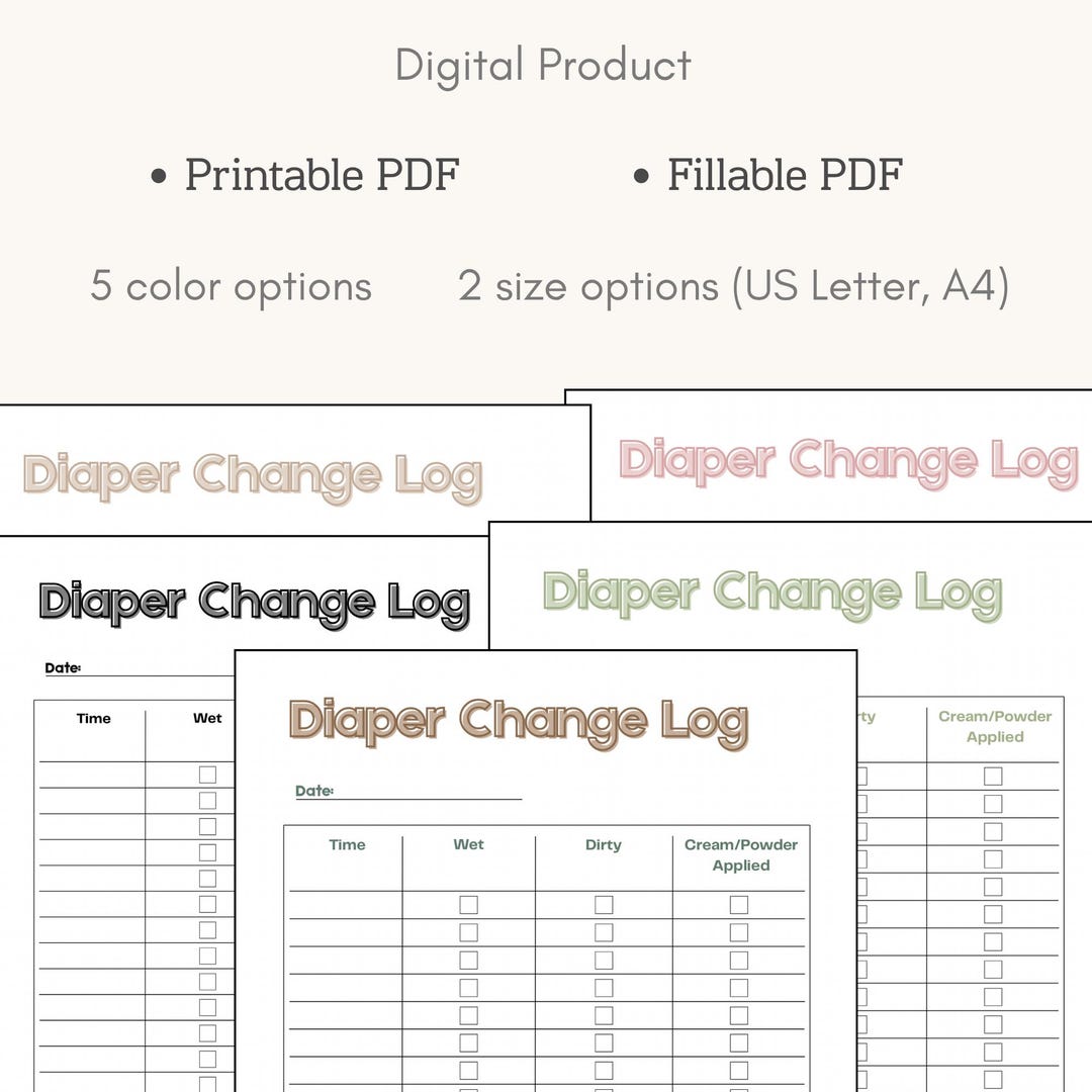 Diaper Change Log Printable & Fillable PDF | Baby Diaper Tracker ...